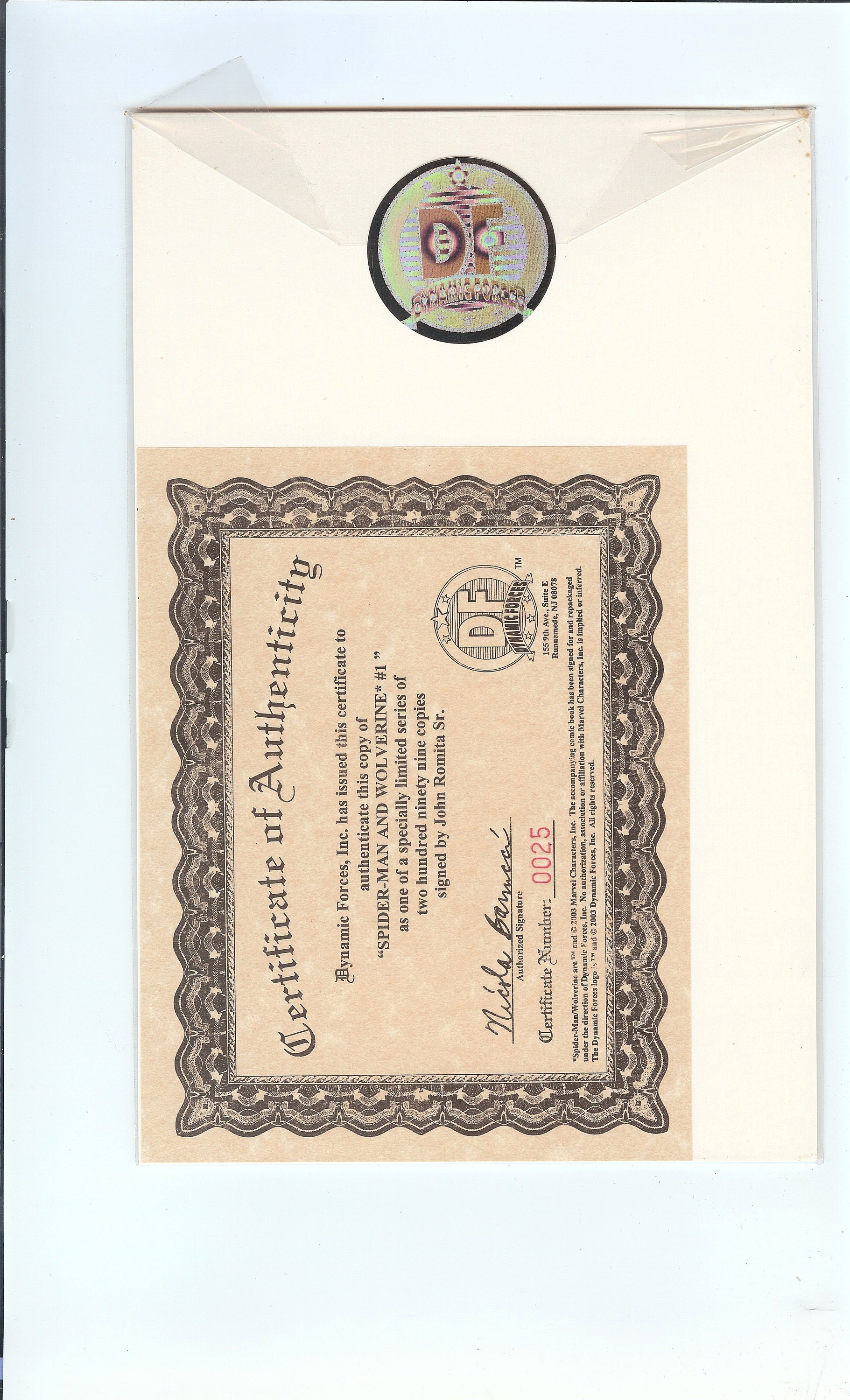 Spider-man Wolverine 1 Vf/nm signed by John Romita Sr dynamic Forces ...