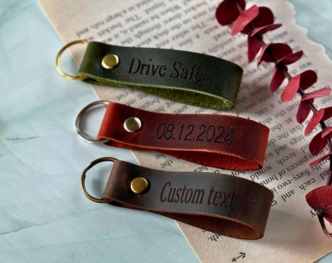 Handmade Leather Keychain, Black Hardware, Personalized Key Fob ...