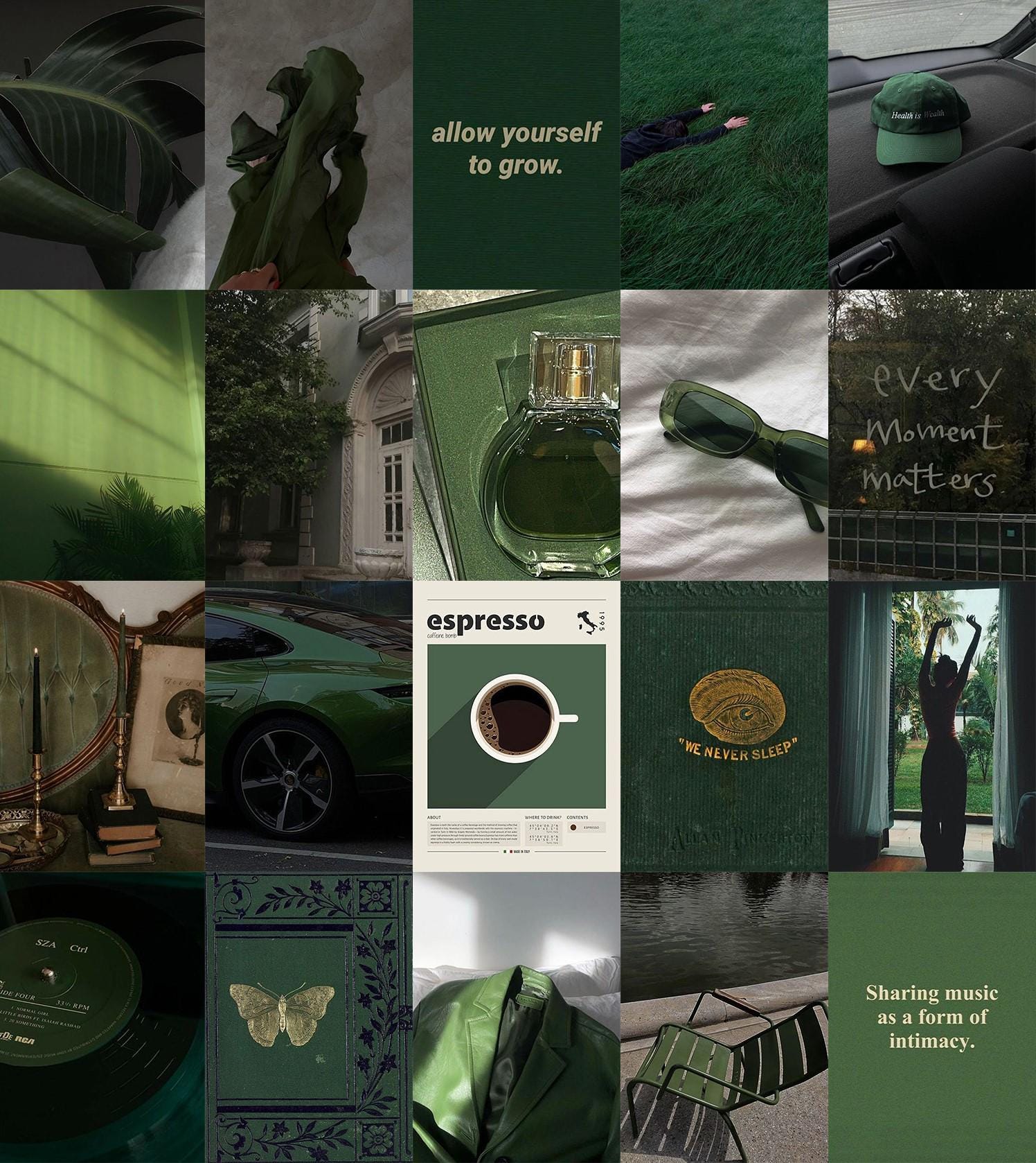 100 PCS | Olive Green Aesthetic Wall Collage | Dark Green Wall Photo ...