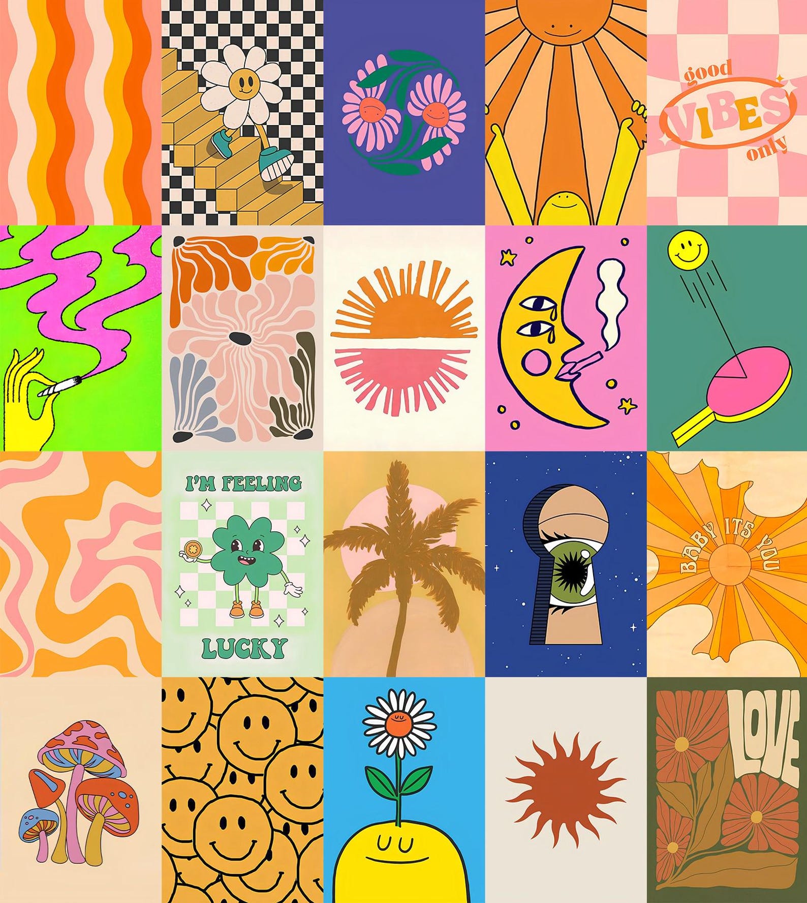 100 PCS | Retro Aesthetic Wall Photo Collage | Groovy Retro Poster ...