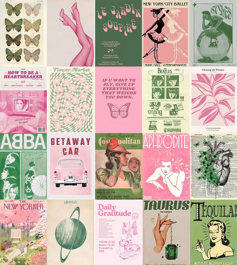 80 PCS | Pink and Green Aesthetic Poster Collage | Pink Wall Photo ...