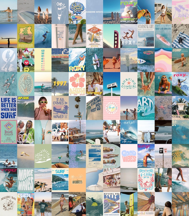 Surf Aesthetic Wall Collage Art – Retro Beach Photo Set, Coastal ...