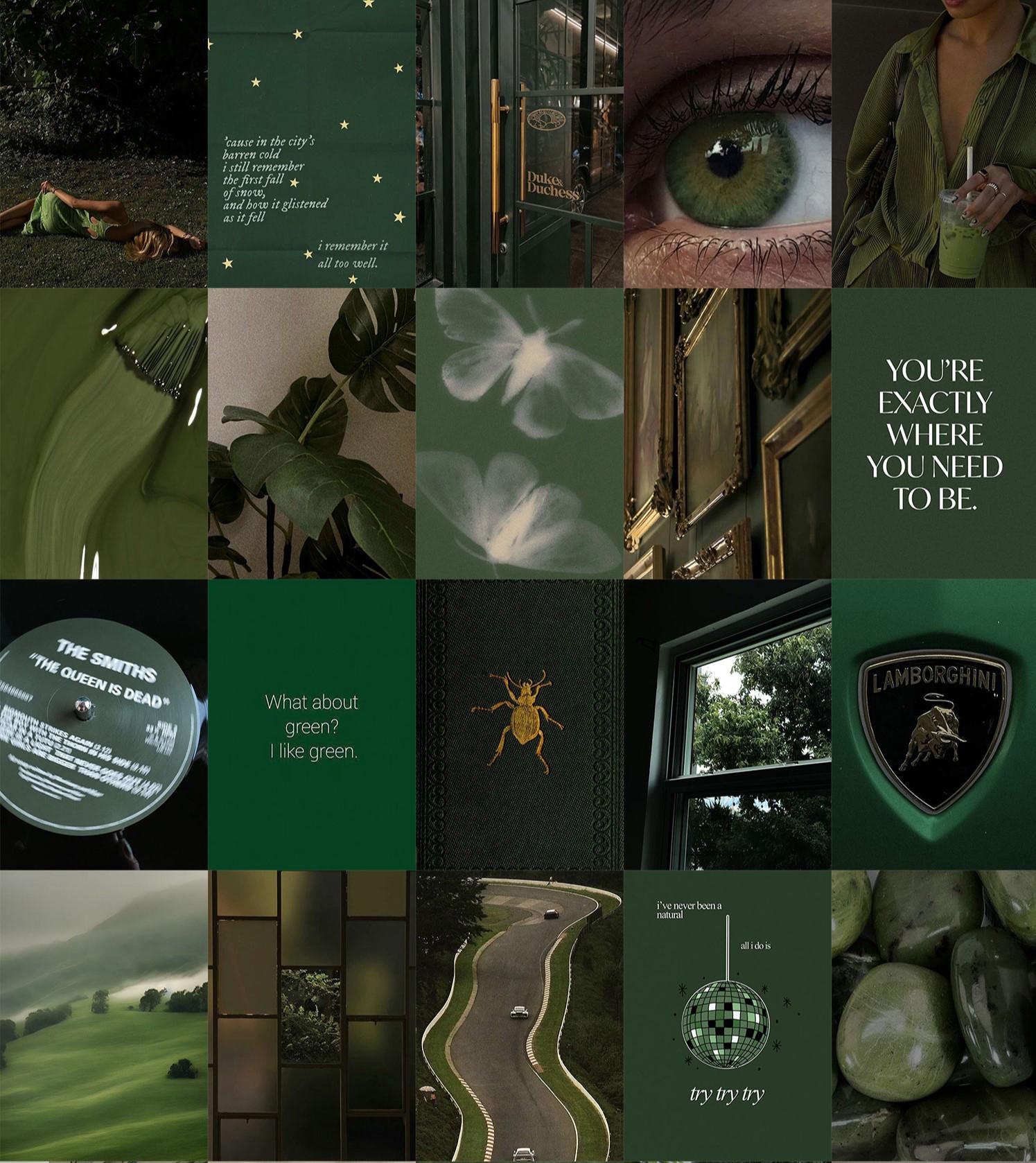 100 PCS | Olive Green Aesthetic Wall Collage | Dark Green Wall Photo ...
