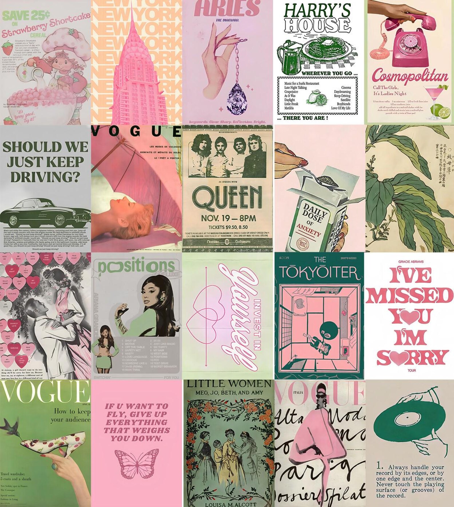 80 PCS | Pink and Green Aesthetic Poster Collage | Pink Wall Photo ...