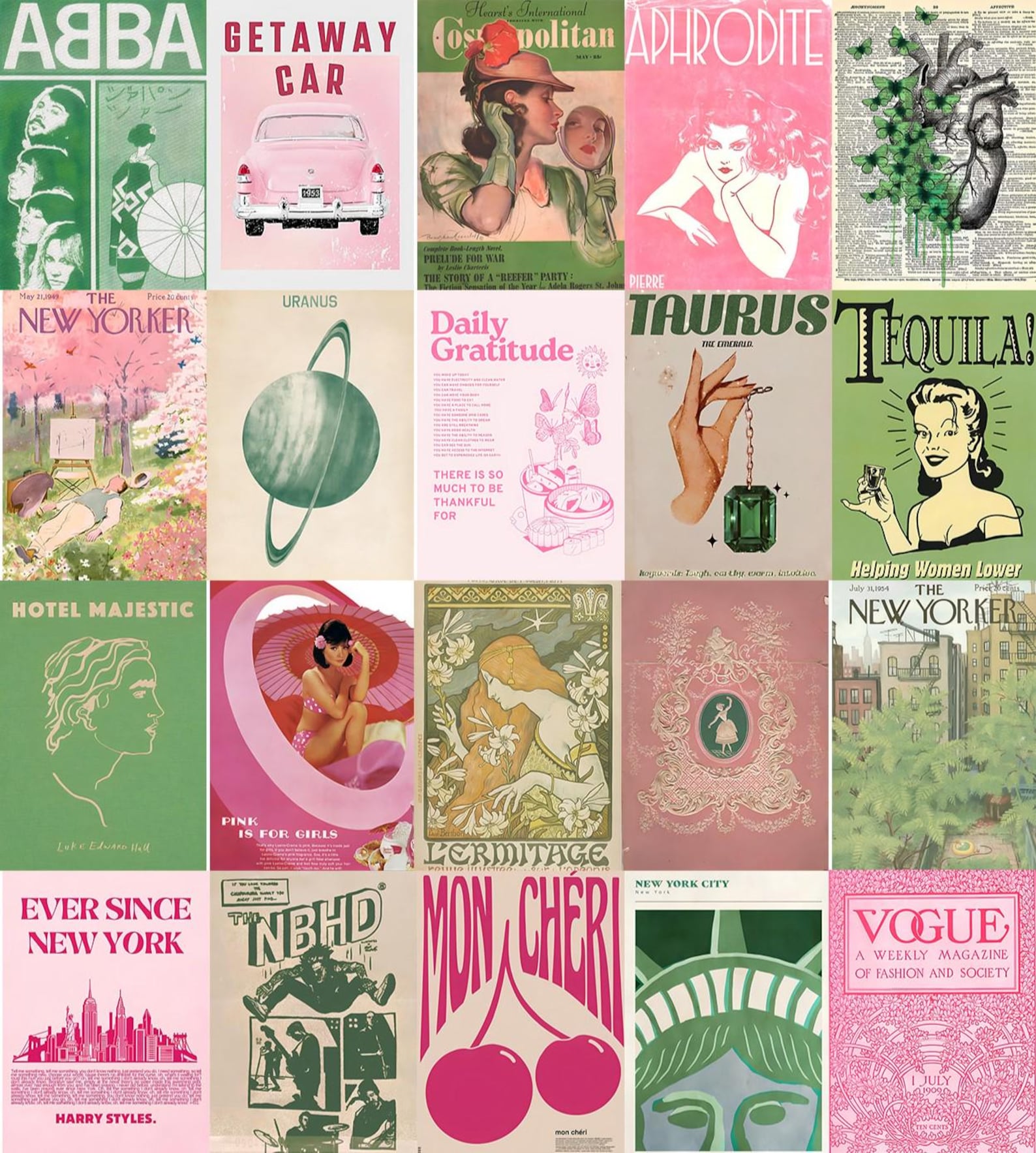 80 PCS Pink and Green Aesthetic Poster Collage Pink Wall Photo Collage ...