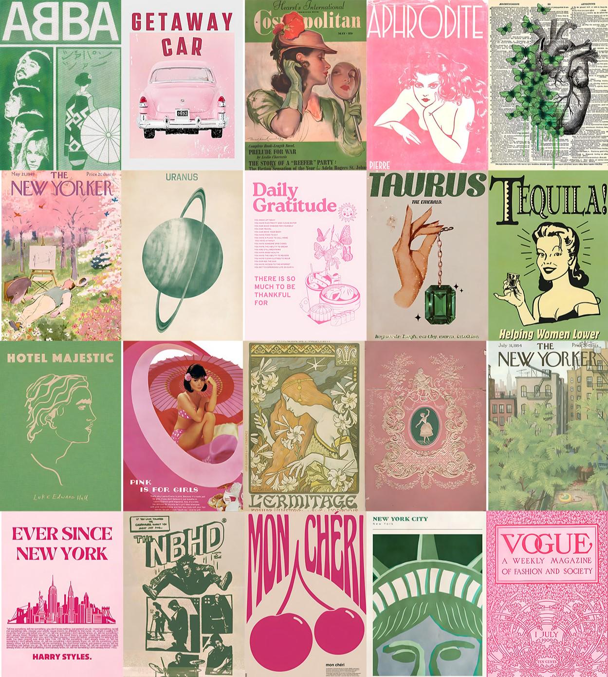 80 PCS Pink and Green Aesthetic Poster Collage Pink Wall Photo Collage ...