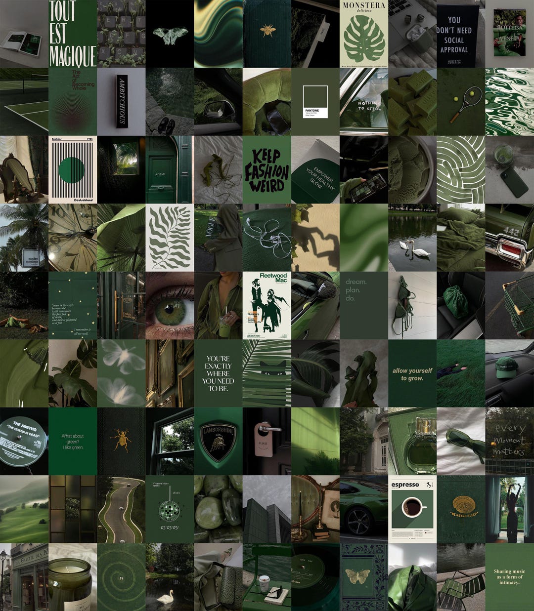 100 PCS | Olive Green Aesthetic Wall Collage | Dark Green Wall Photo ...
