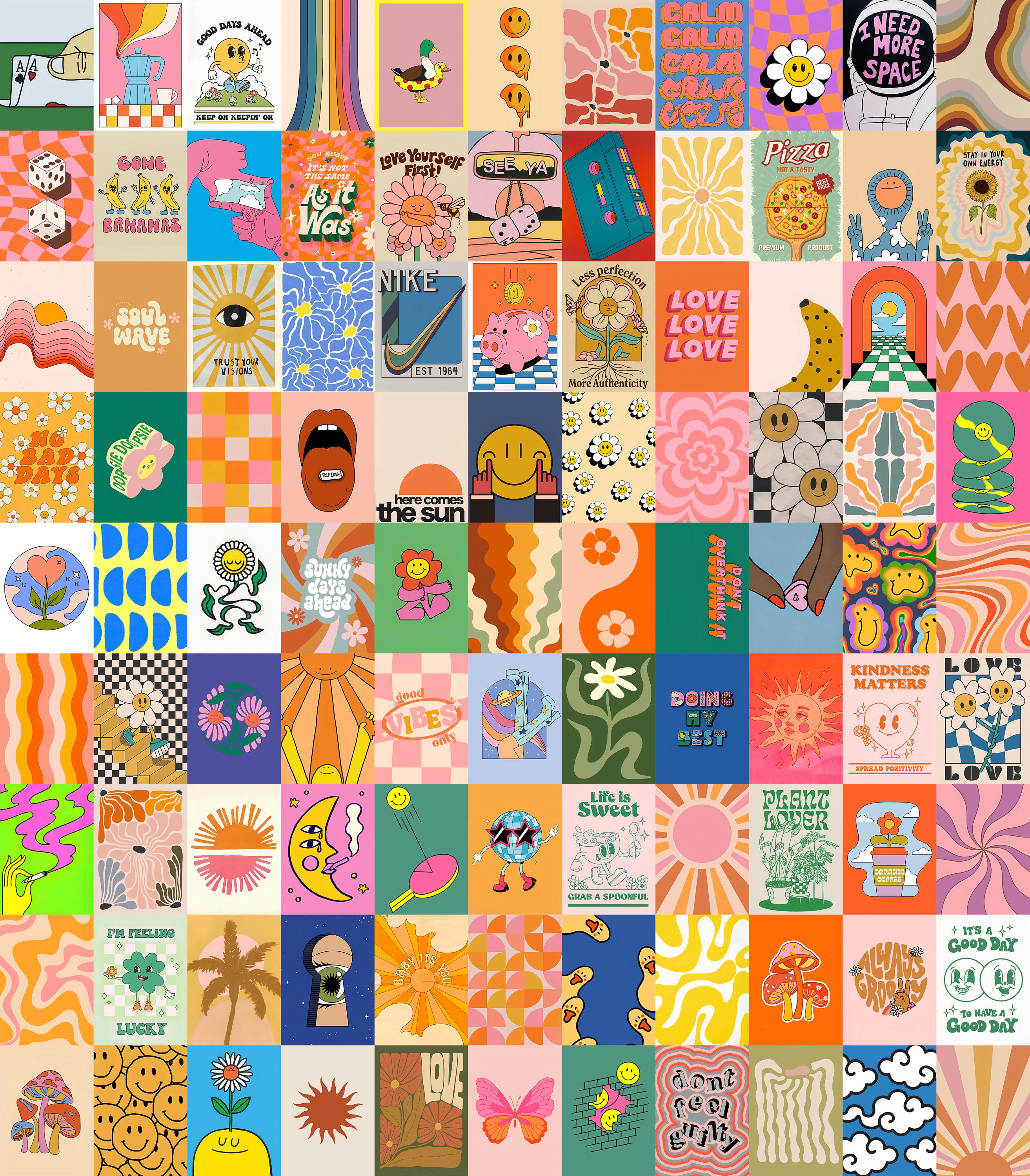 100 PCS | Retro Aesthetic Wall Photo Collage | Groovy Retro Poster ...