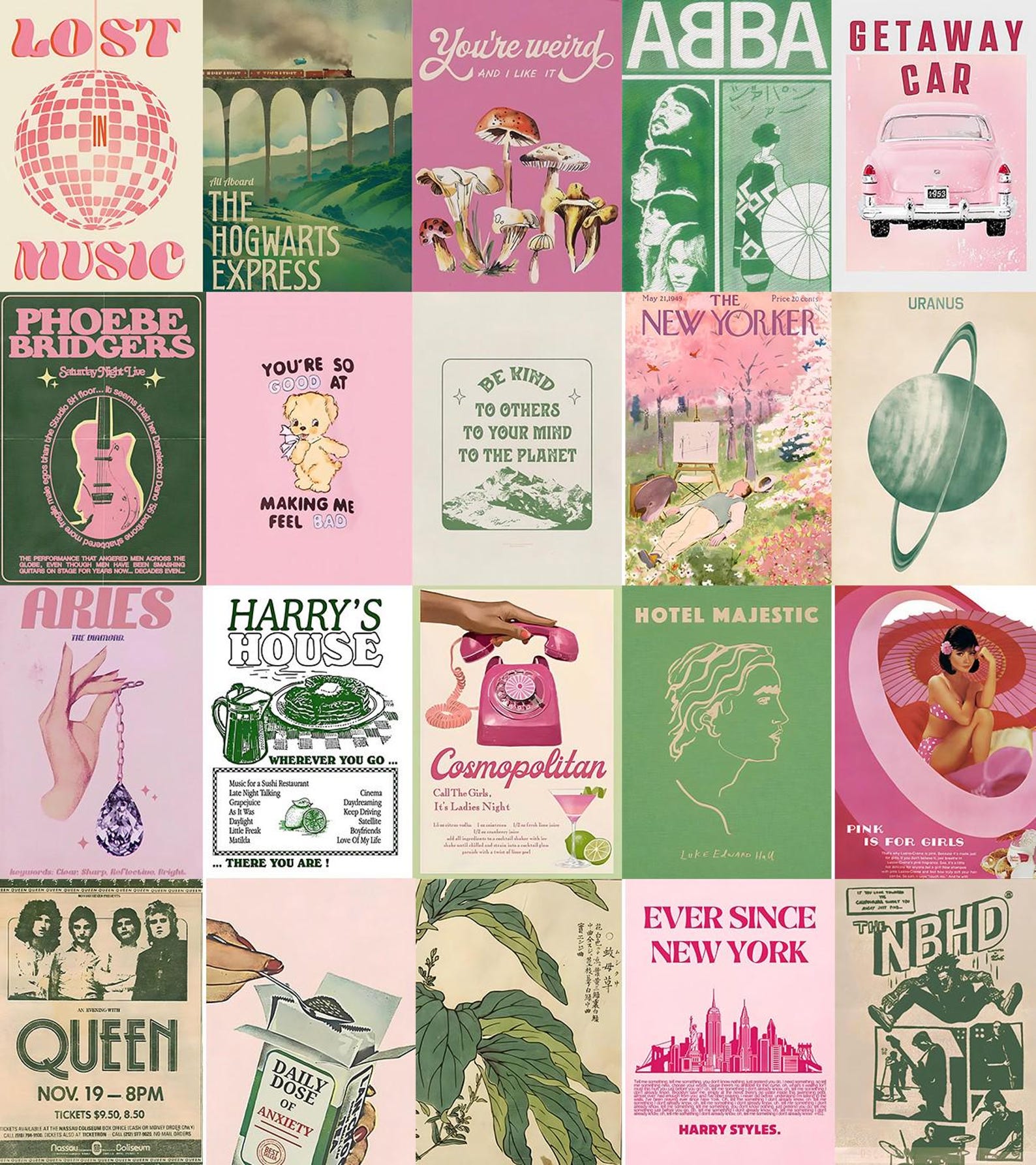80 PCS Pink and Green Aesthetic Poster Collage Pink Wall Photo Collage ...