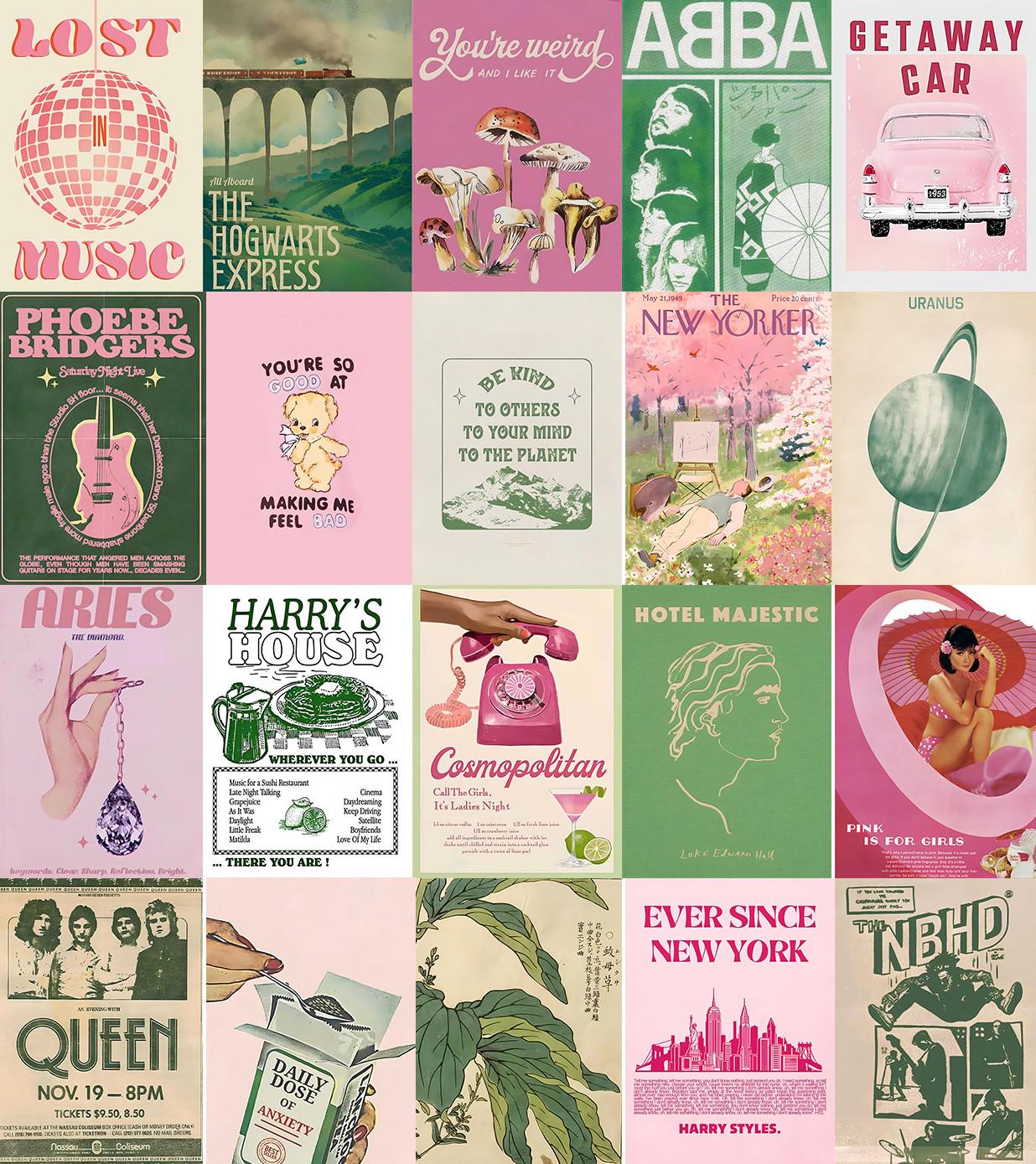 80 PCS Pink and Green Aesthetic Poster Collage Pink Wall Photo Collage ...