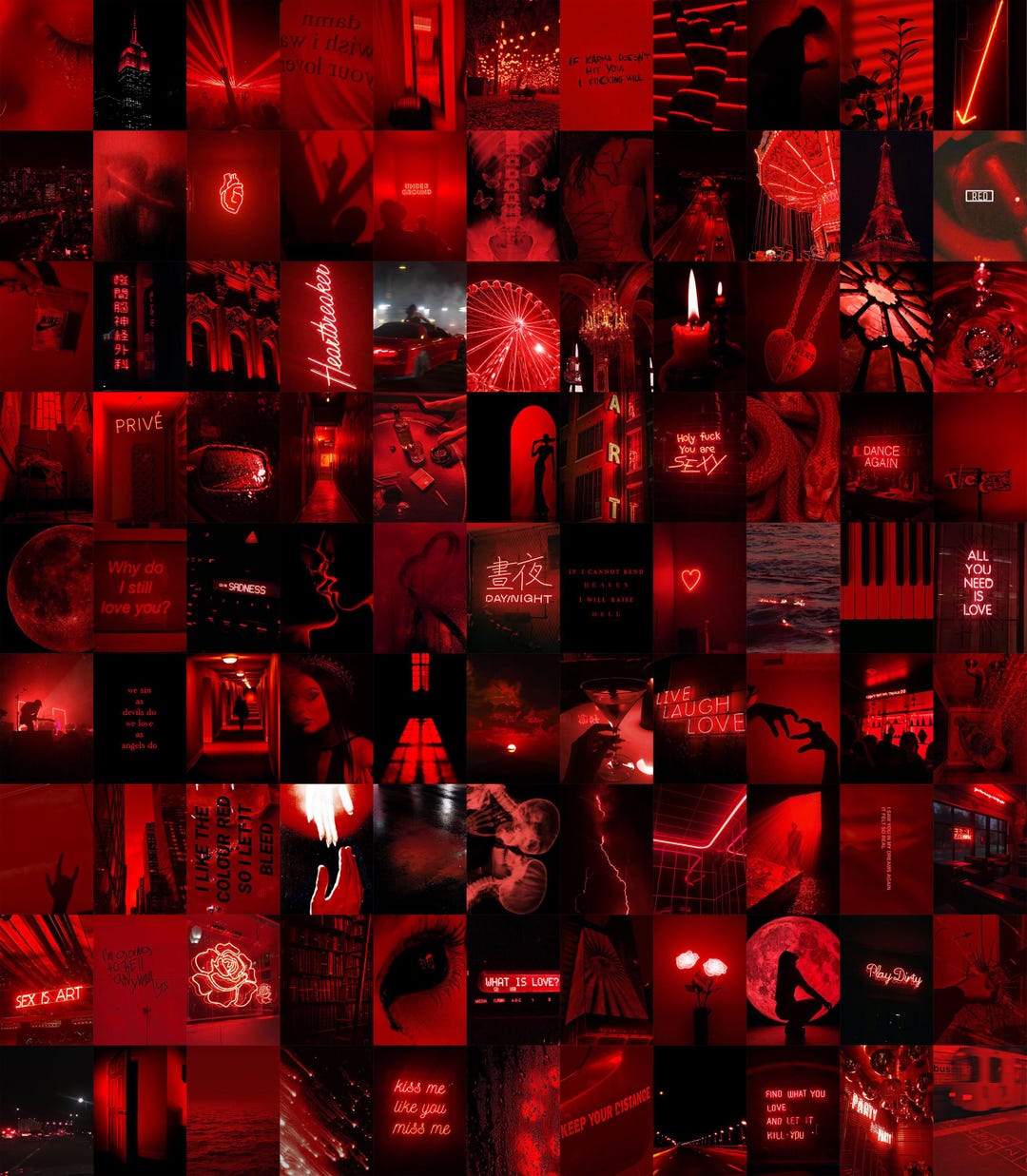 100 PCS | Neon Red Aesthetic Photo Collage | Red and Black Wall Collage ...