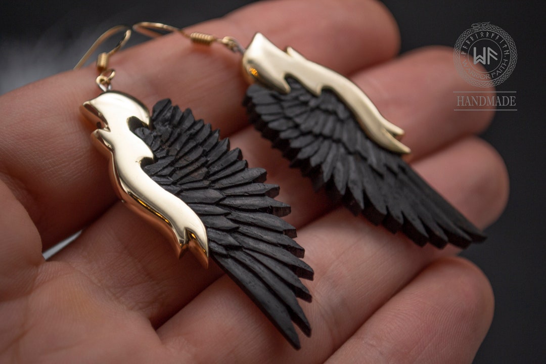 Valkyrie Wing Earrings in Brass and Precious Ebony Wood - Etsy