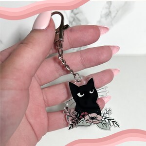 Floral Black Cat Keychain Cute Acrylic Cat Keychain Free - Etsy