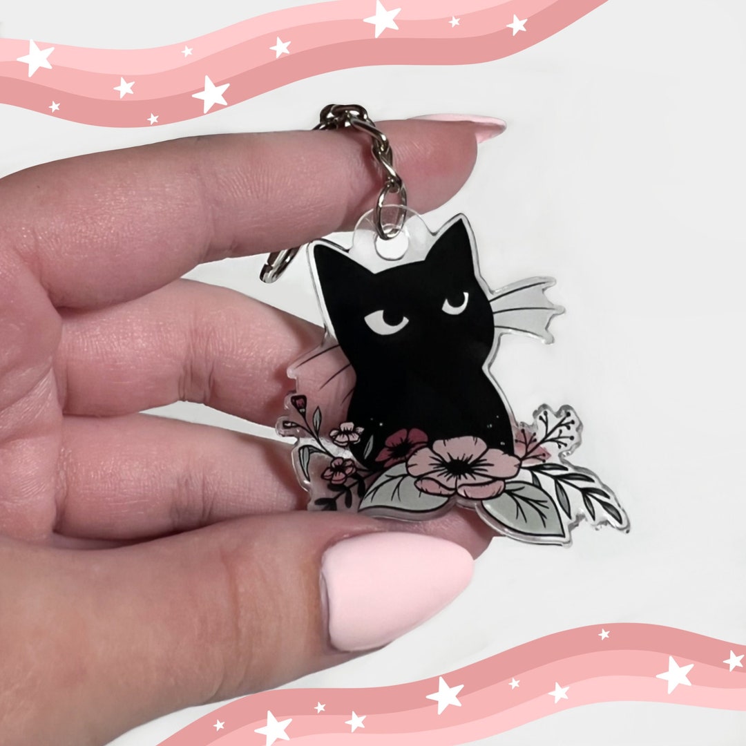 Floral Black Cat Keychain Cute Acrylic Cat Keychain Free - Etsy