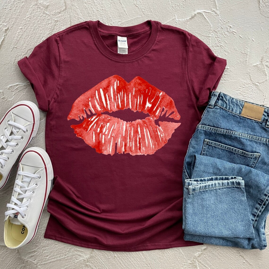 Lips Kiss Shirt Red Kissing Lipstick T For Herred Lips Etsy