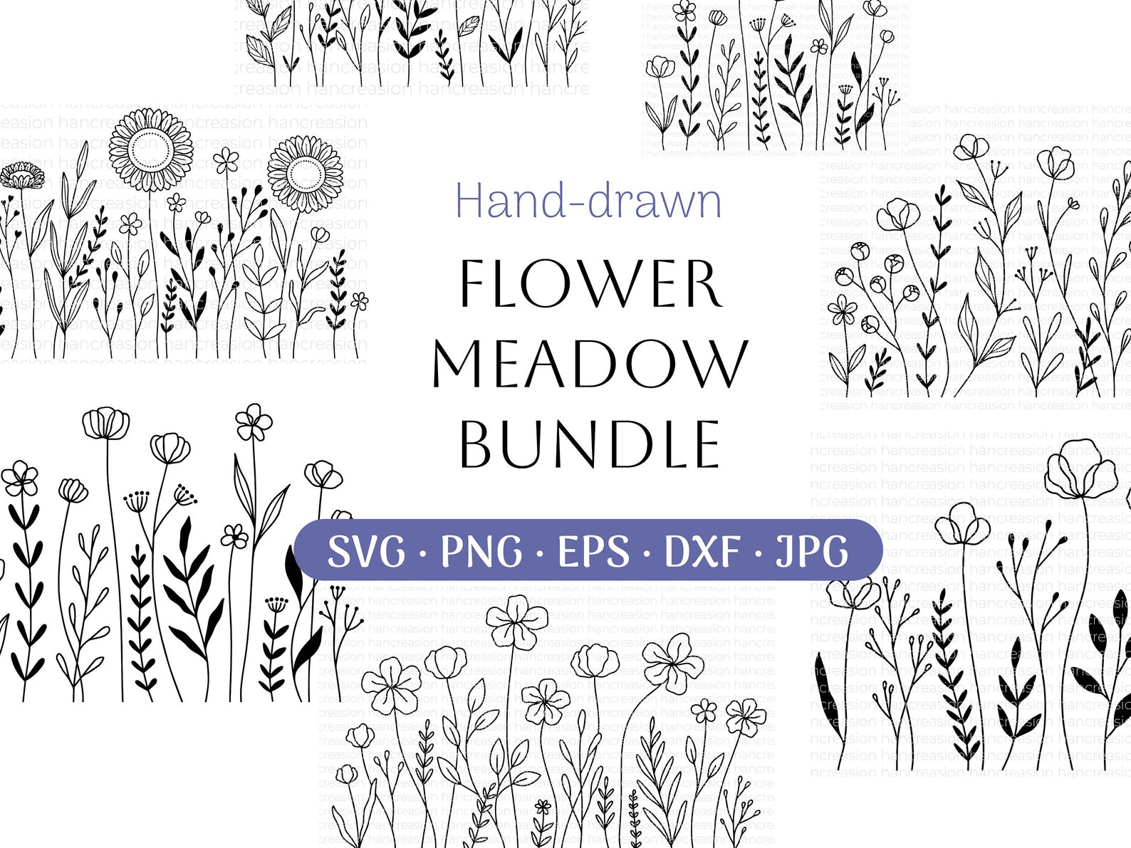 Flower Meadow Svg Bundle, Line Art Flower Svg, Wildflower Svg, Floral ...