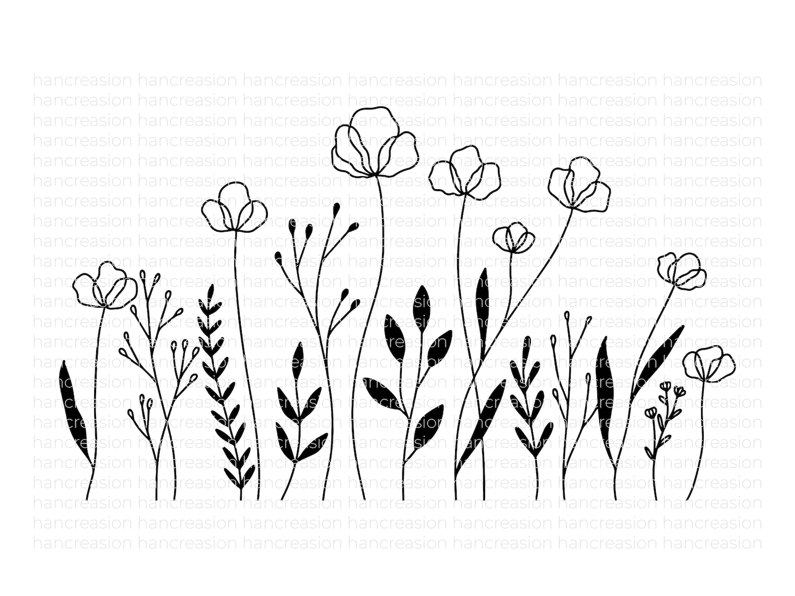 Flower Meadow Svg Bundle, Line Art Flower Svg, Wildflower Svg, Floral ...