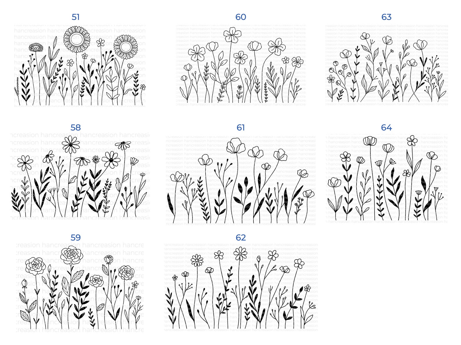 Flower Meadow Svg Bundle, Line Art Flower Svg, Wildflower Svg, Floral ...