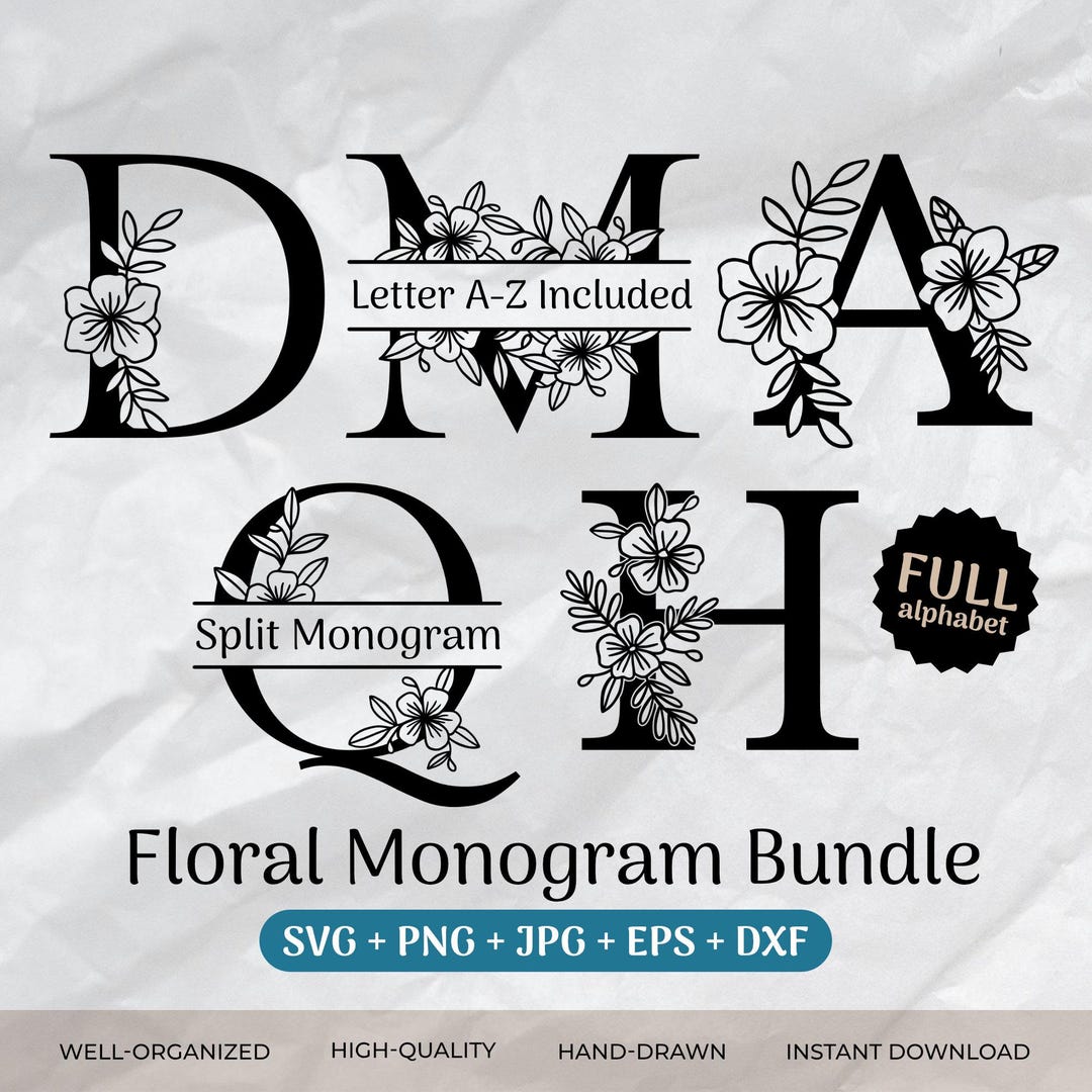 Floral Monogram SVG Bundle, Split Monogram, Last Name Svg, Initial ...