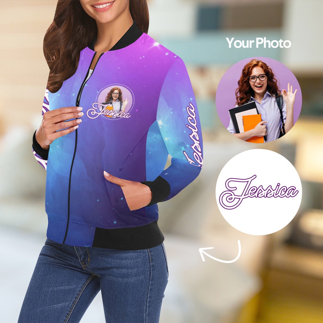 Women Bomber Jacket Personalized Person Portrait Jacket Zipper Sports ...