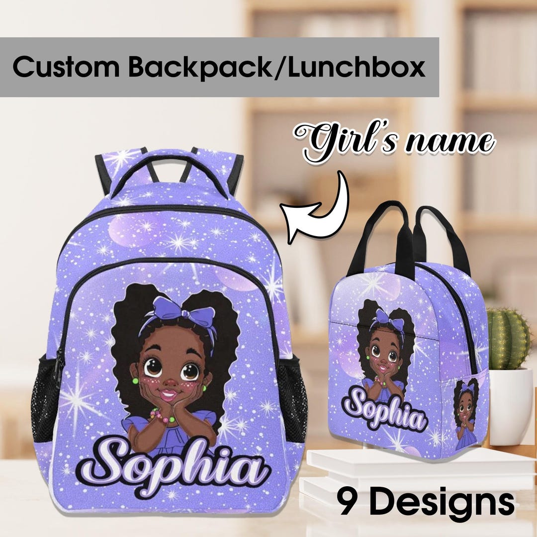 Personalized Afro Girl Backpack Lunch Bag, Custom Kids Name Backpack ...
