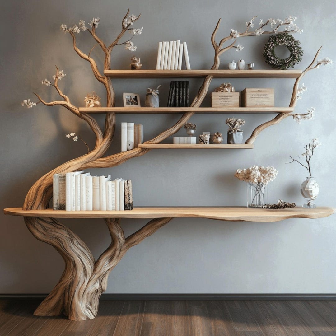 Console Narrow Table With Tree Branch Bookshelf, Live Edge Table ...