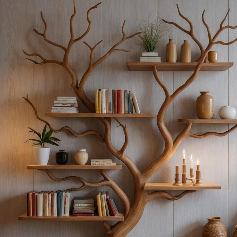 Driftwood Tree Branch Wall Bookshelf, Wooden Tree Shaped Shelf for ...