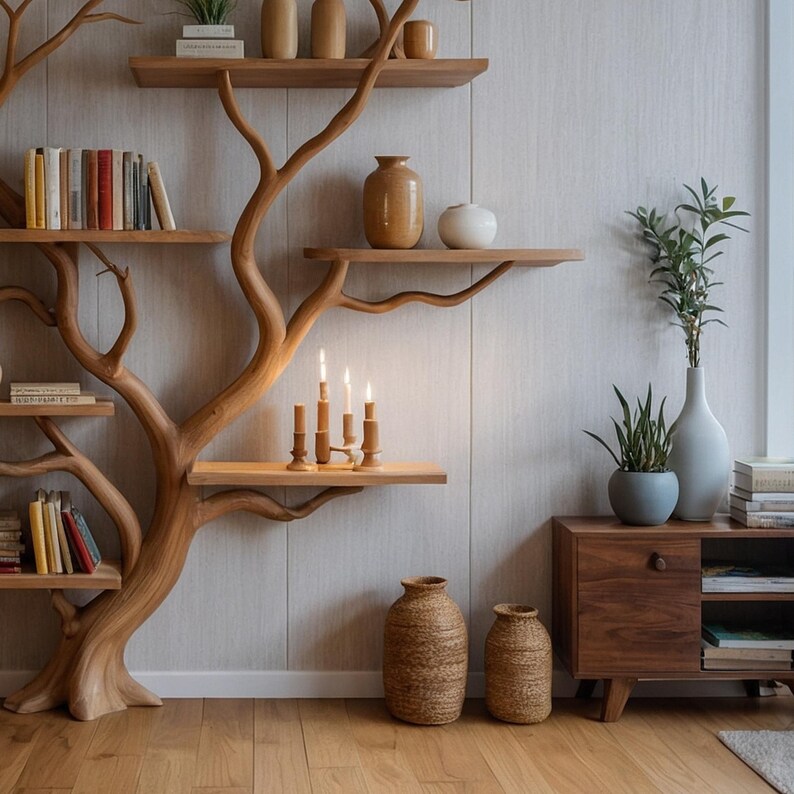 Driftwood Tree Branch Wall Bookshelf, Wooden Tree Shaped Shelf for ...