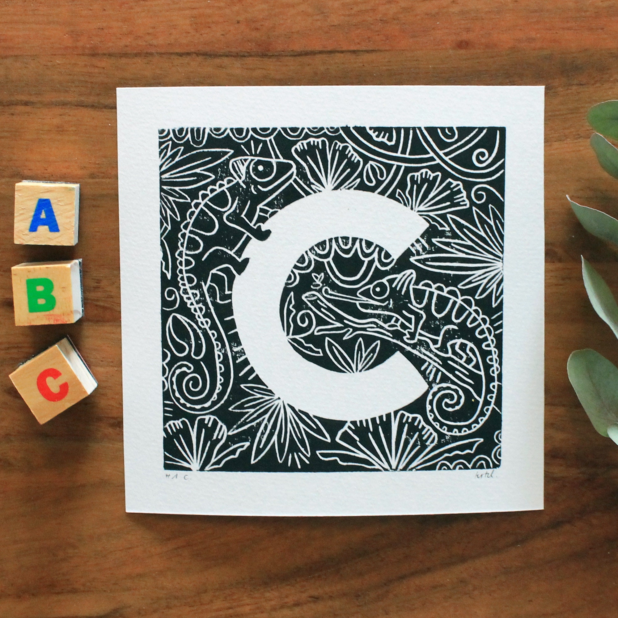 C Letter Linocut Print C Letter Linoprint Chameleon | Etsy