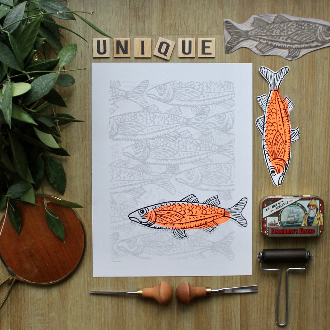 Fish Linoleic Print unique Fish Linocut unique - Etsy