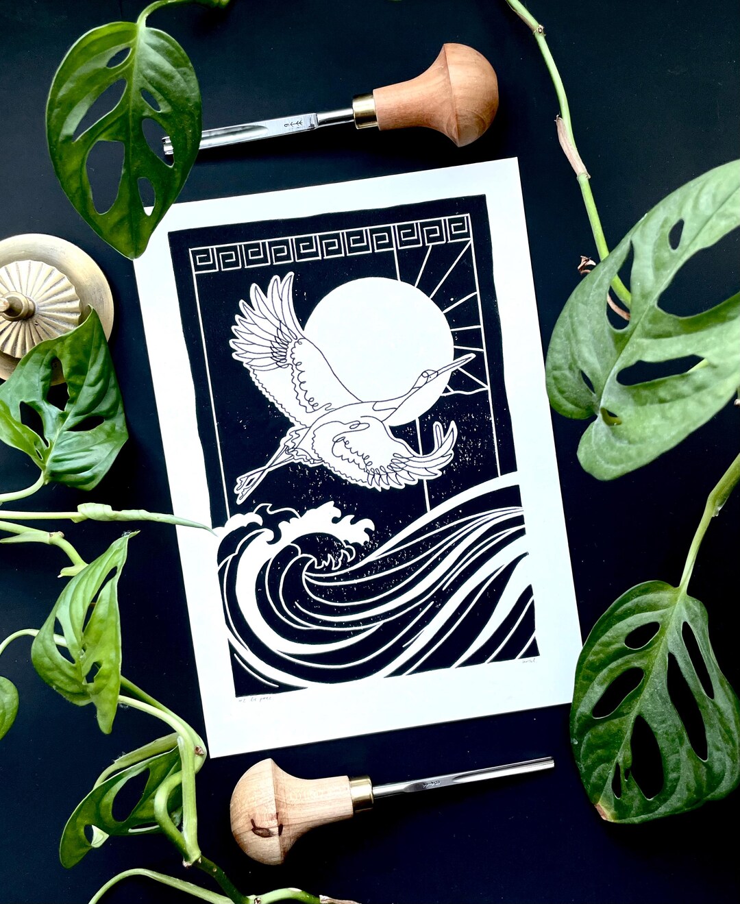 Crane Linocut Print | Crane Linoprint A5 - Etsy
