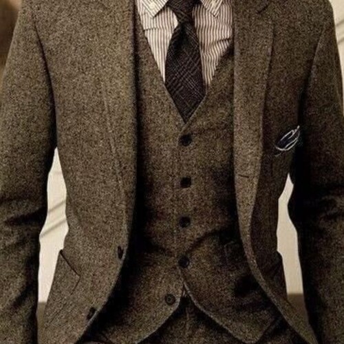Brown 17 Num 3 Piece Tweed Suit Men Wedding Suit Groom Brown Etsy