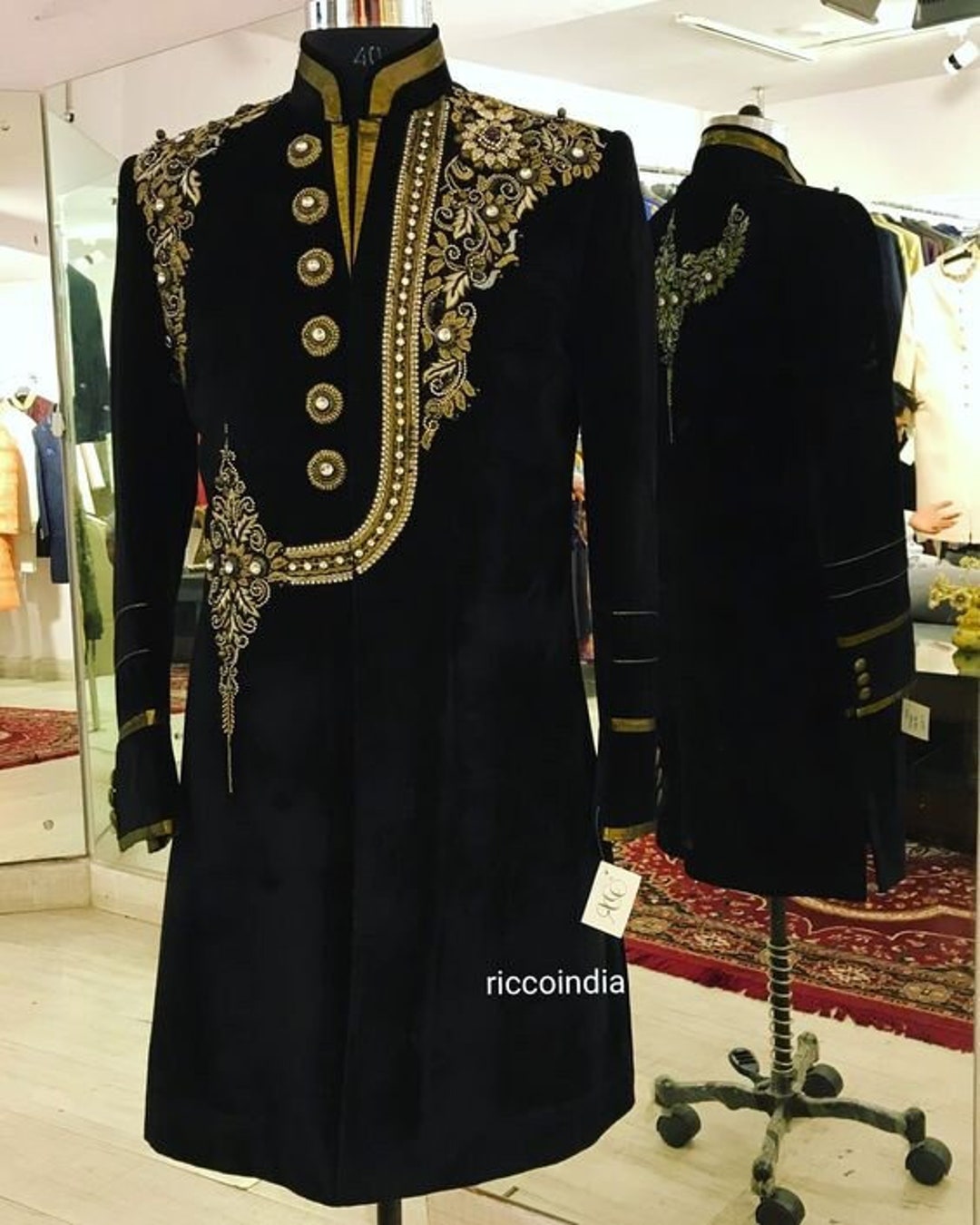 Traditional Designer Ethnic Indian Wedding Groom Black Velvet Sherwani ...