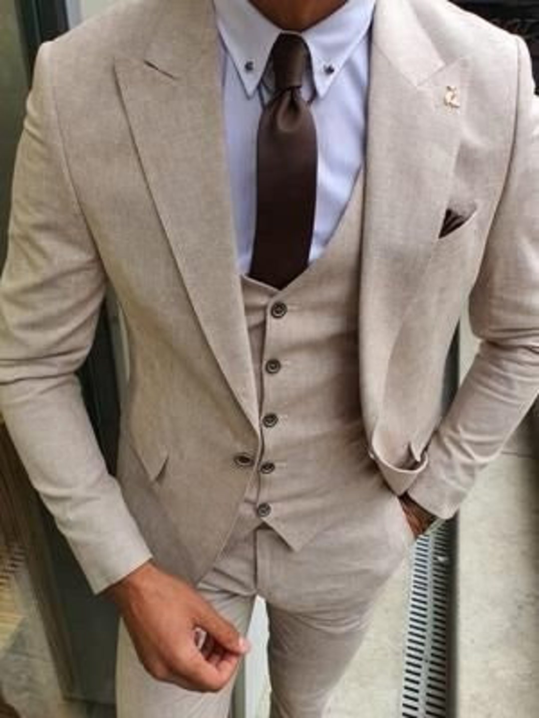 Linen Beige Suit for Men, 3 Piece Suit for Groom and Groomsmen, Peak ...