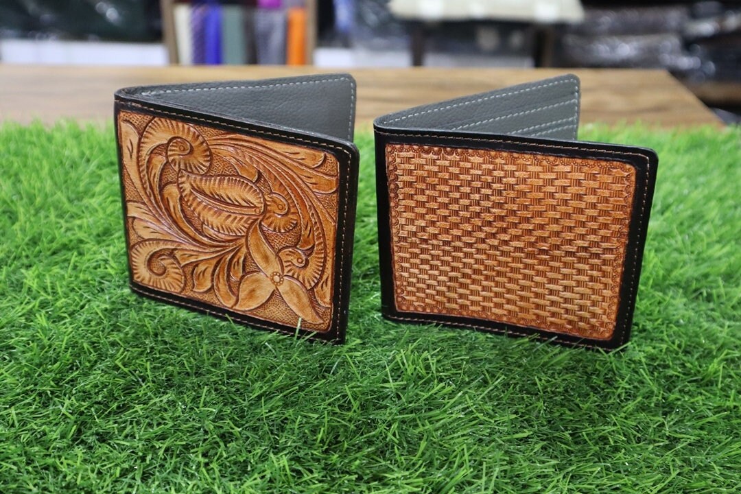 Real Tooled Leather Wallets Anniversary Gift for Him Gift for Men Carved Leather Flower Carved ...