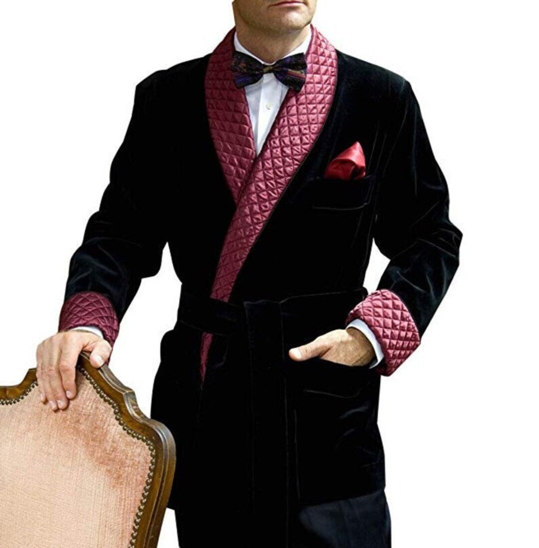 Men Smoking Jacket Quilted Long Black Velvet Coat Hosting Evening ...
