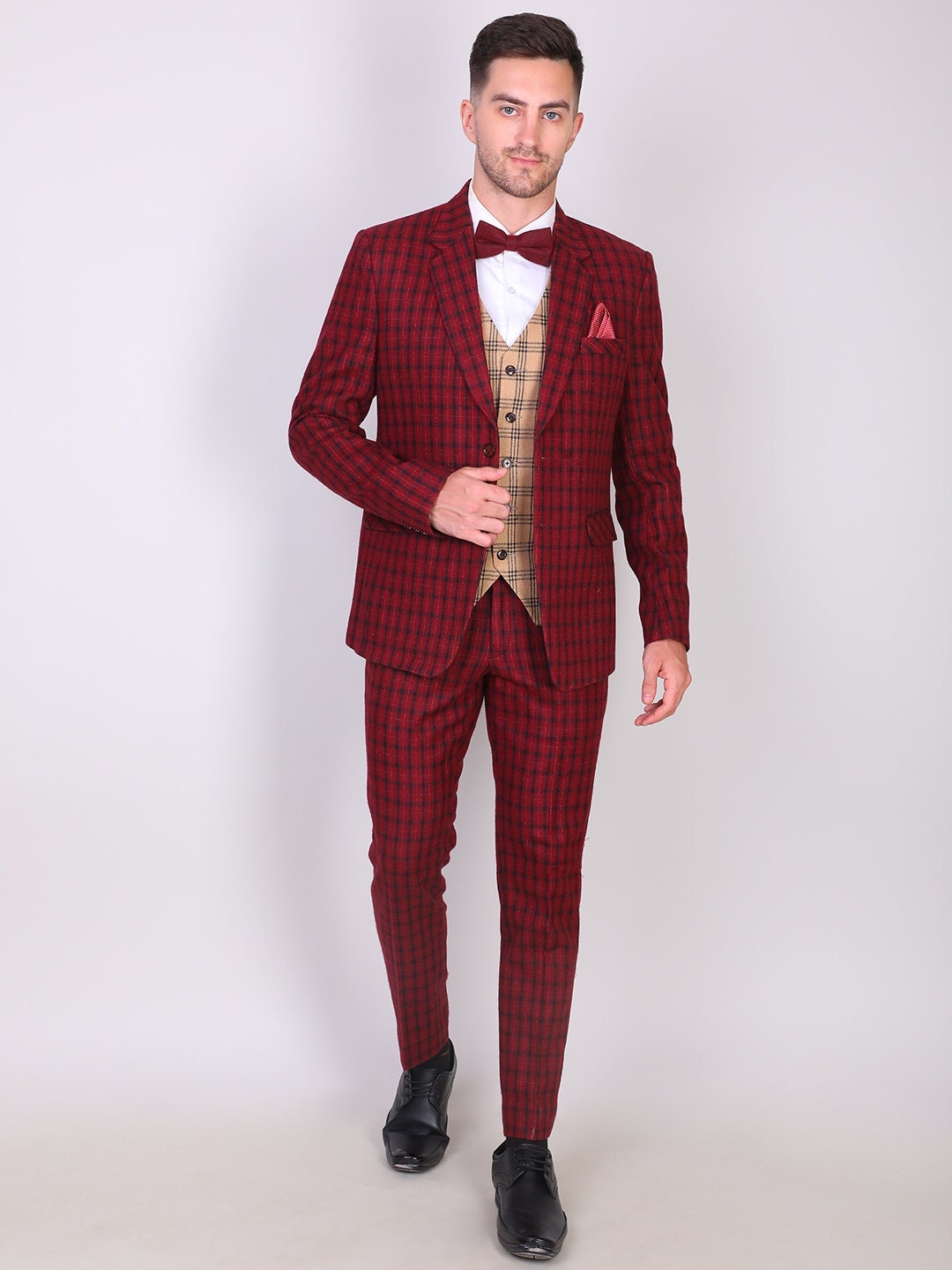 Man Tweed Red Checks 3 Piece Suit for Wedding Prom Dinner - Etsy