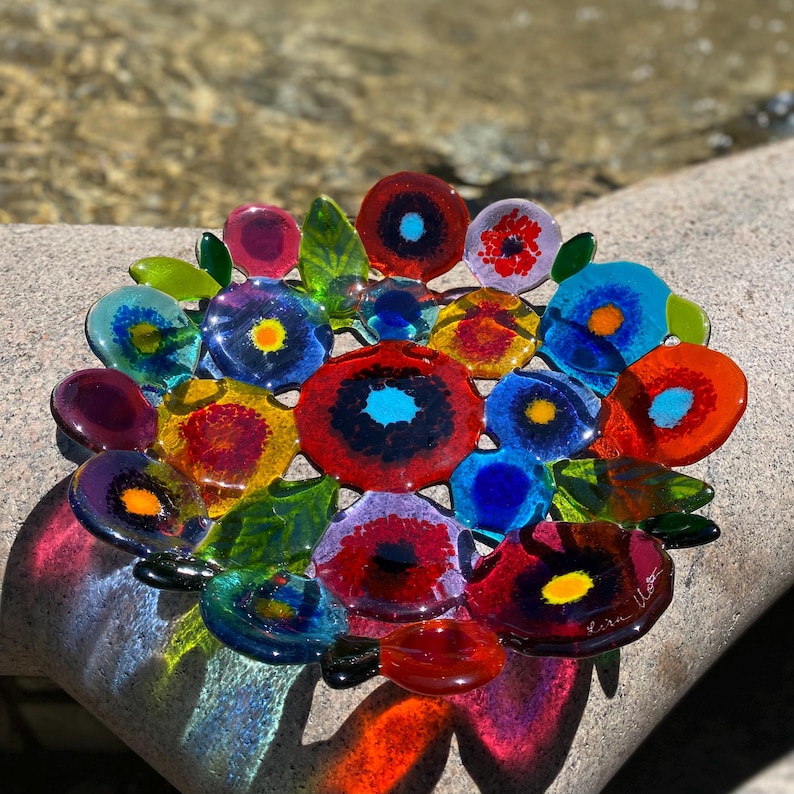Handcrafted Vibrant Glass Spring Garden Flower Plate - Unique Fused ...