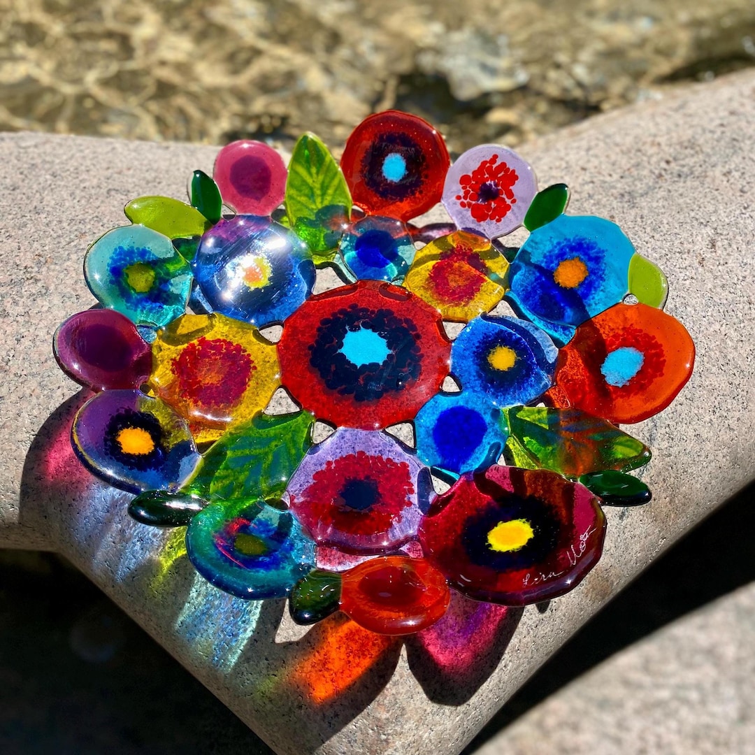 Handcrafted Vibrant Glass Spring Garden Flower Plate - Unique Fused ...