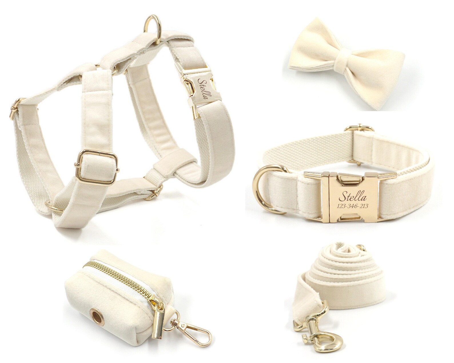White Velvet Personalised Harness With Gold Hardwarestep in - Etsy