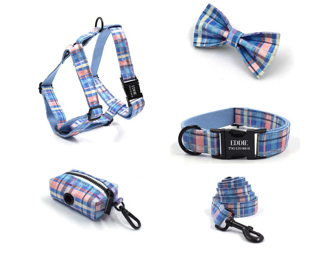 Blue Plaid Personalised Dog Harness Handmade Harness Collar - Etsy
