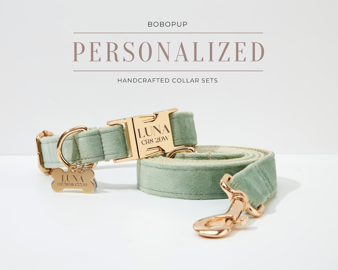 Green Velvet Custom Dog Collar and Leash Set, Engraved Buckle - Etsy