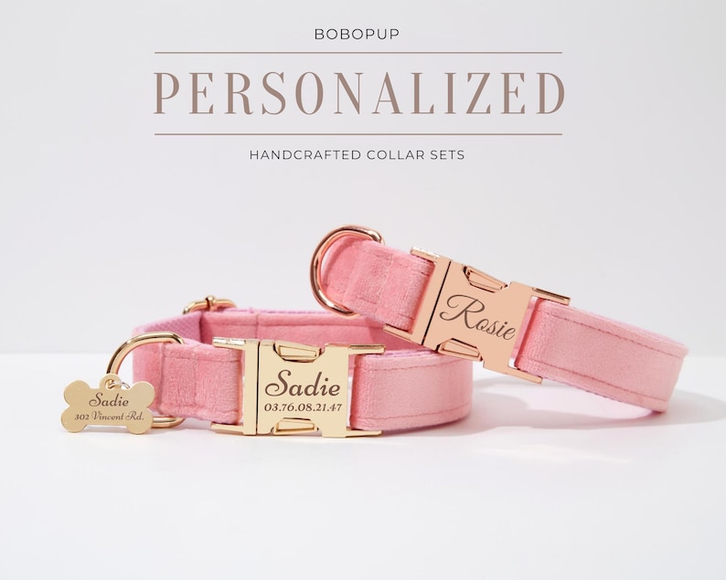 Personalized Flower Dog Collar and Leash Set, Pink Soft Velvet With ...