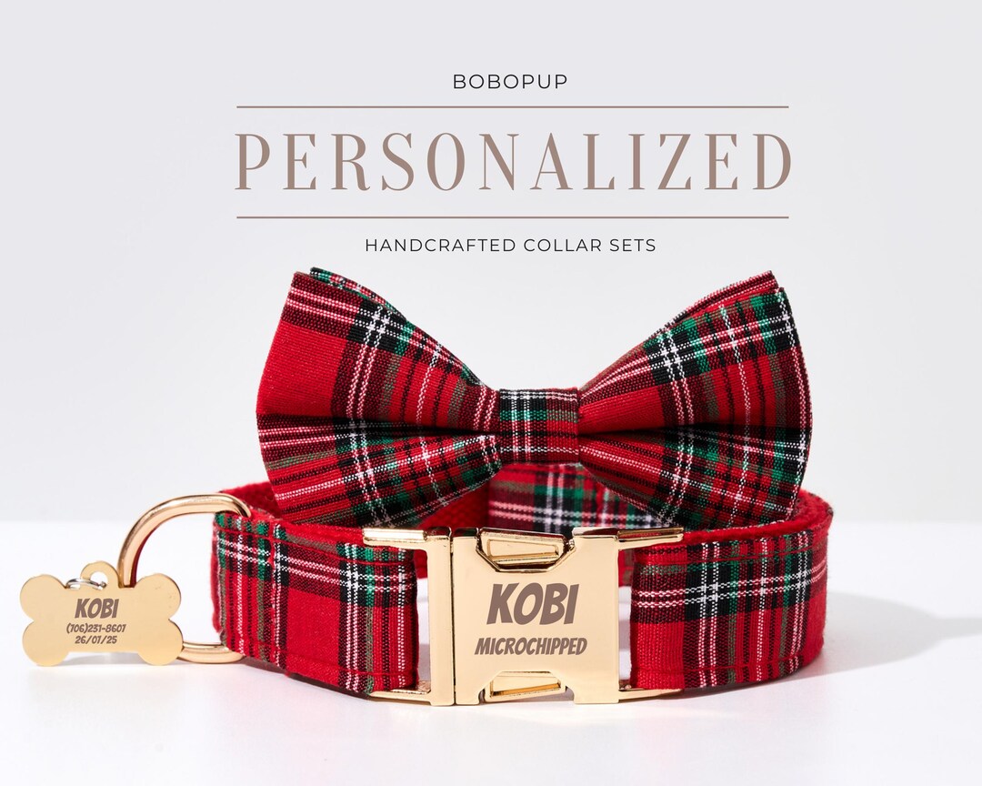 Personalized Red Grid Dog Collar Leash Set,custom Pet Collar With Name ...