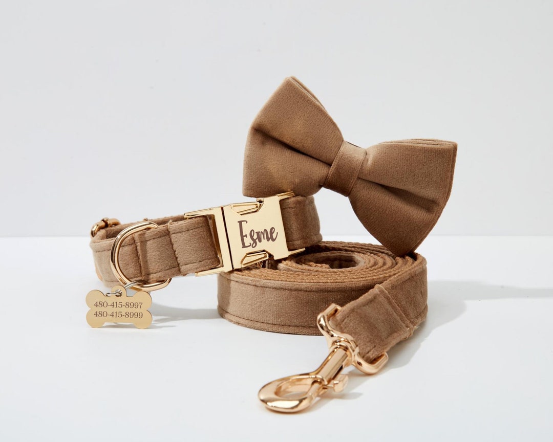Light Coffee Velvet Personalized Dog Collar Bow Tie, Brown Thick Velvet ...