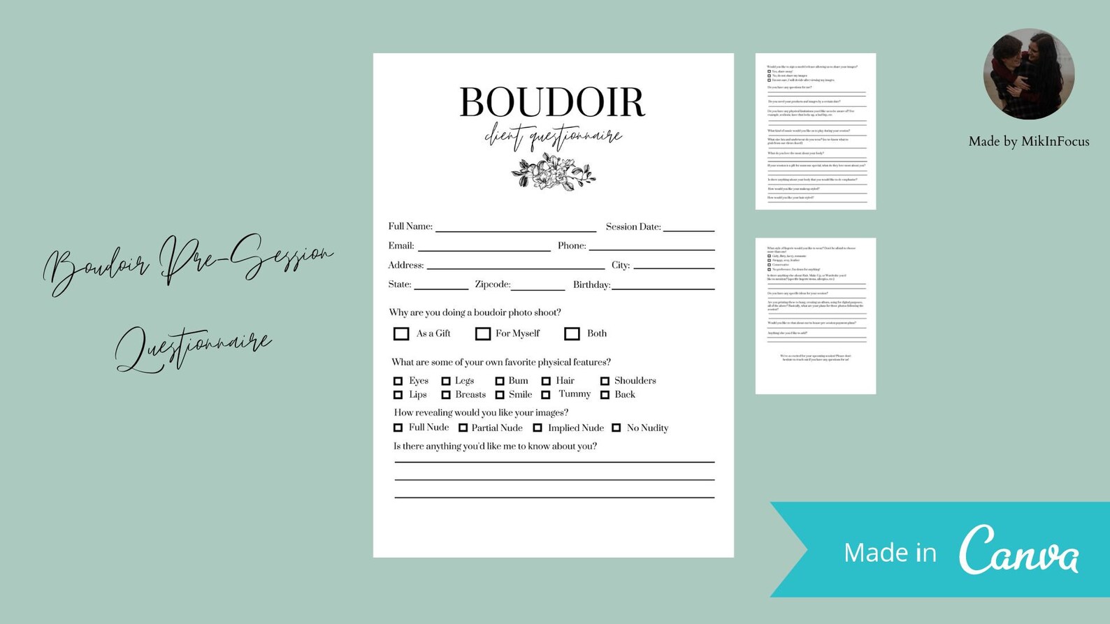 Boudoir Client Questionnaire, Pre-session Questionnaire, CANVA Template ...