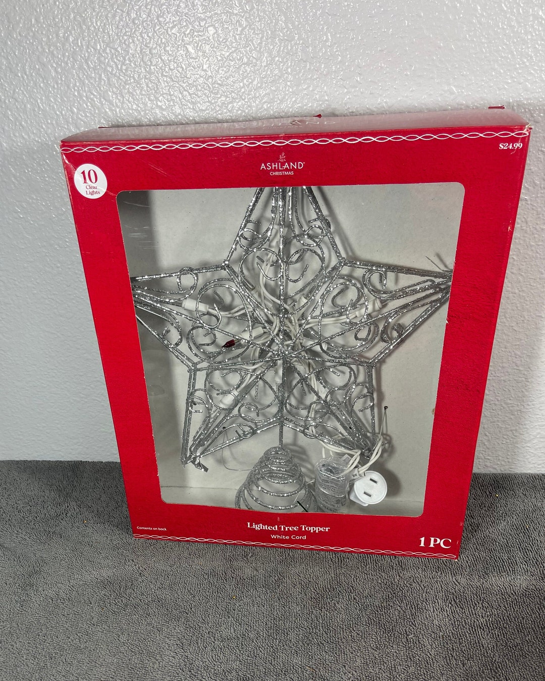 Star Lighted Christmas Tree Topper, Silver Star, Metal, Glittered, 12 ...