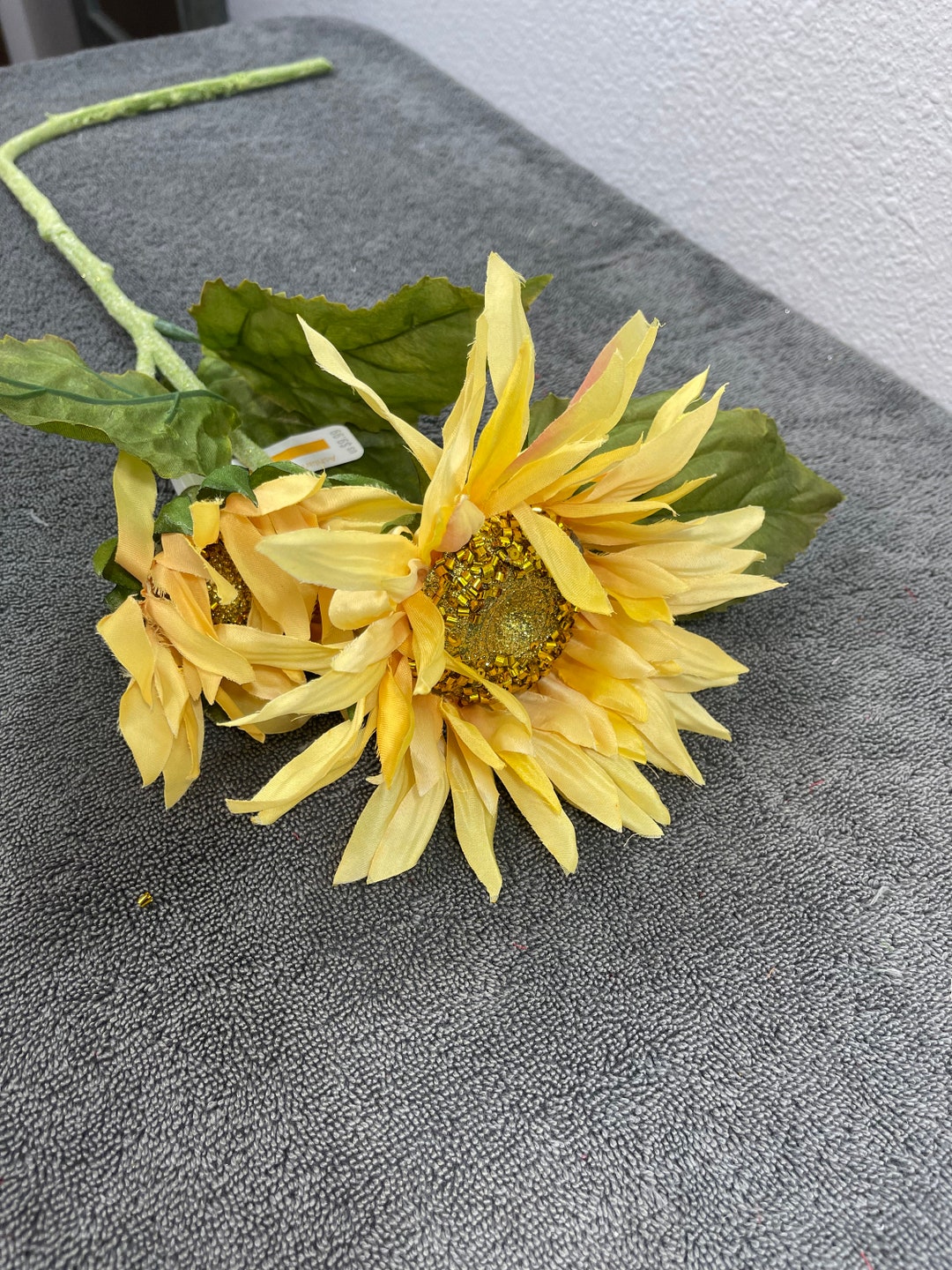 Sunflower, Beaded Center Sunflower, 2 Head Sunflower Stem, Pale Yellow ...