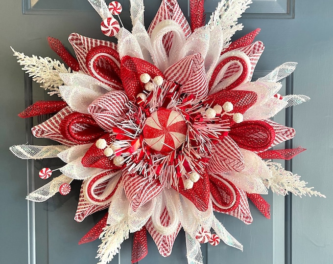 Peppermint Wreath for Front Door, Christmas Wreath, Snowflake Wreath ...