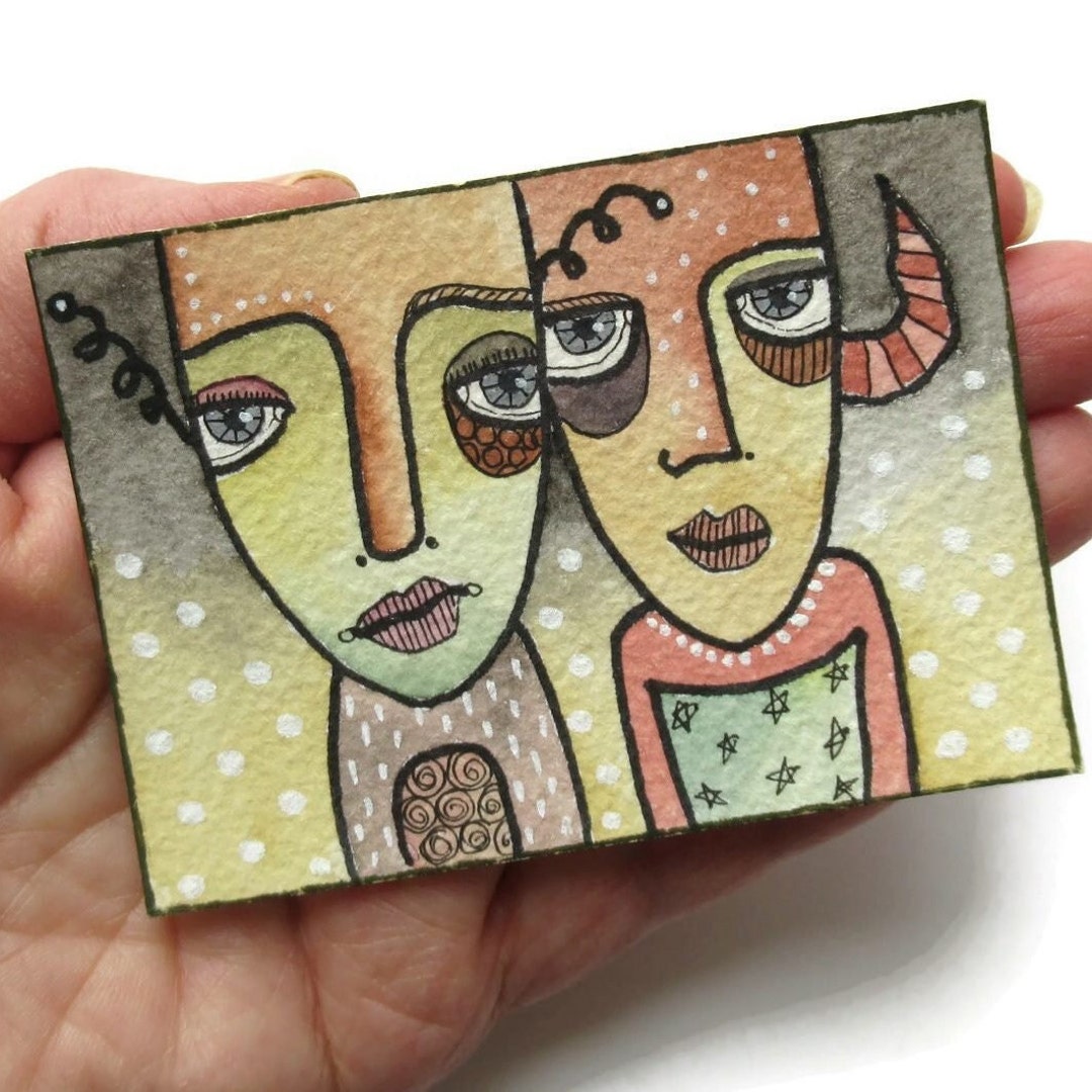 Whimsical People Artwork Miniature ACEO Art Two Faces Original - Etsy